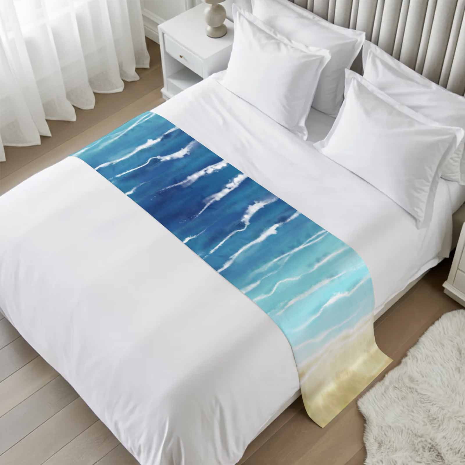 Blue Beige Ombre Bed Runner Scarf Cal King Size, Coastal Nautical ...