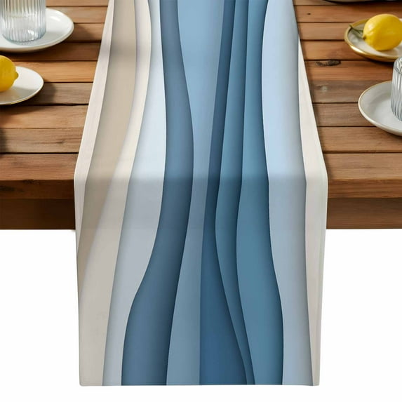 Blue Beige Ombre Cotton Linen Table Runner for Dining Kitchen, Modern ...