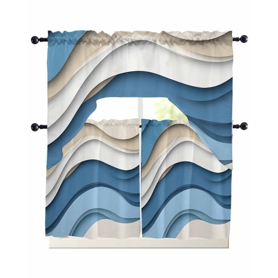 Blue Beige Ombre Kitchen Curtain and Valance Set 3 Pieces,Rod Pocket ...