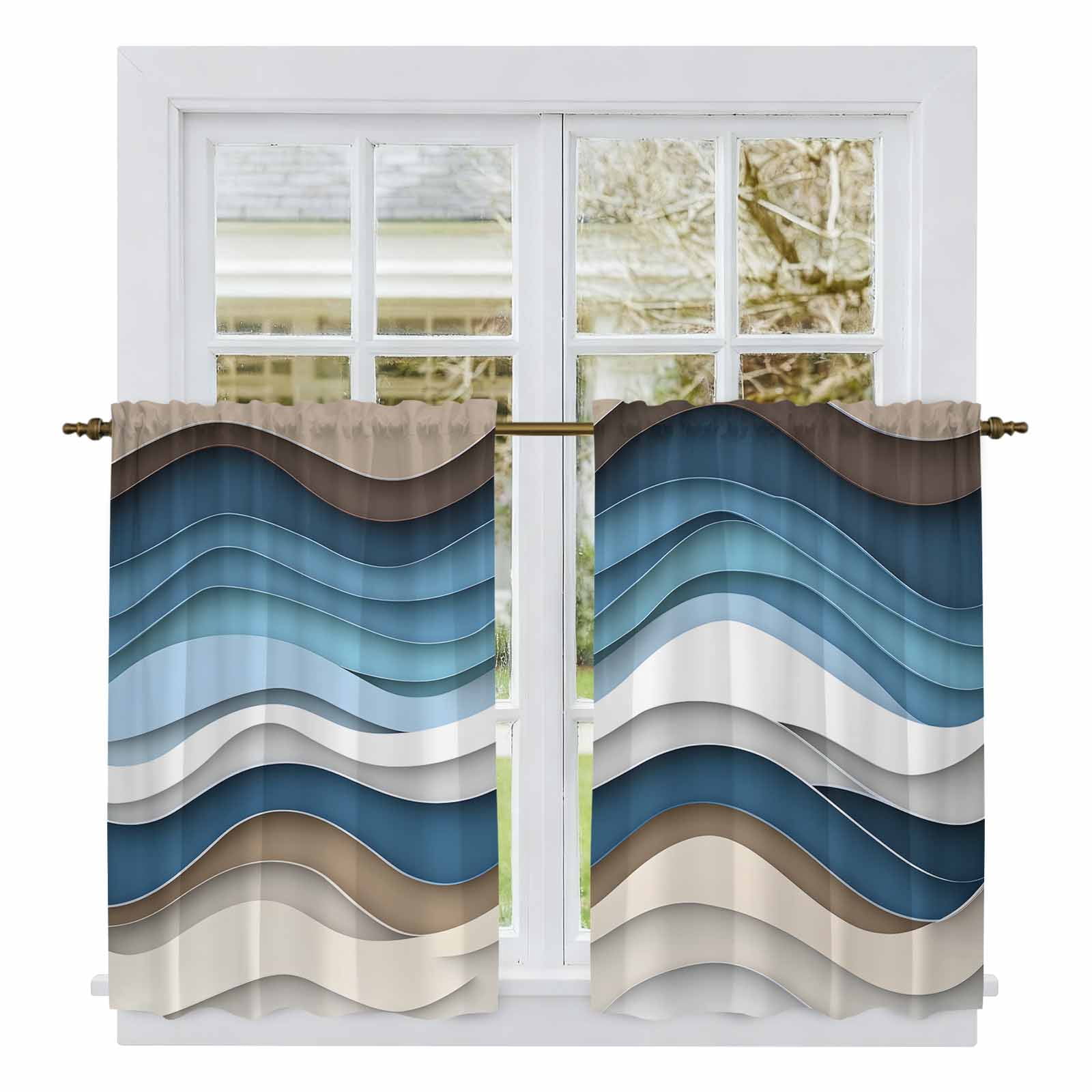 Blue Beige Ombre Kitchen Curtains, Moire Geometric Abstract Modern ...