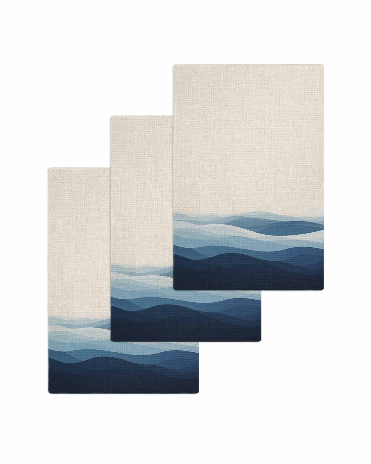 Blue Beige Ombre Kitchen Dish Towels for Drying Dishes Set of 3, Minimalist Ocean Waves Linen ...
