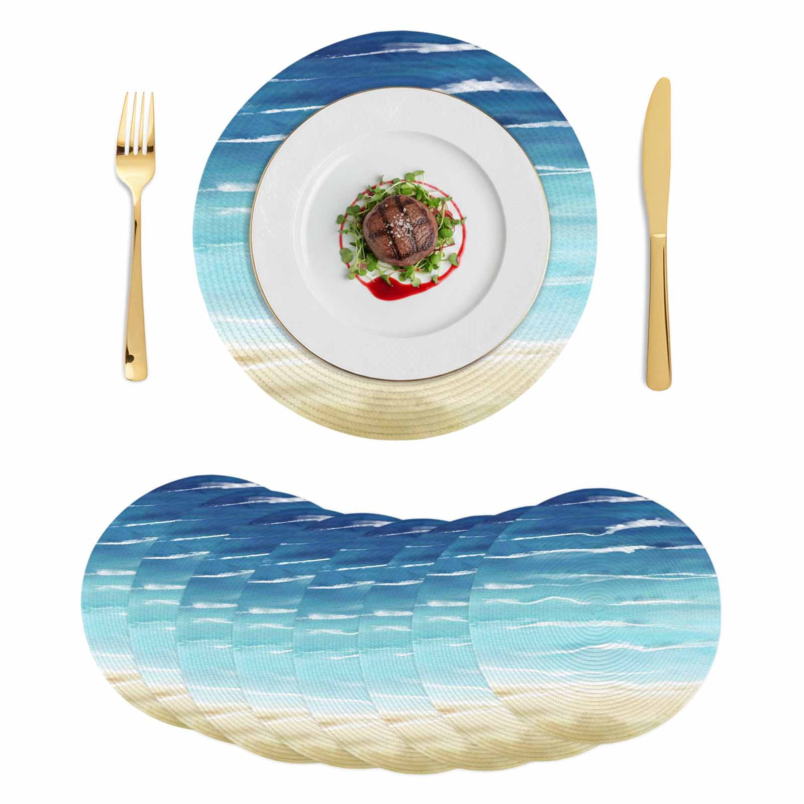 Blue Beige Ombre Round Placemats Set of 8, Braided Polypropylene Place ...