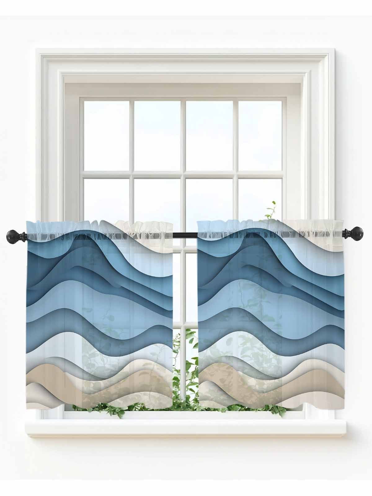 Blue Beige Ombre Sheer Curtains for Bedroom Living Room Window Tier Curtain 36 Inch Length ...