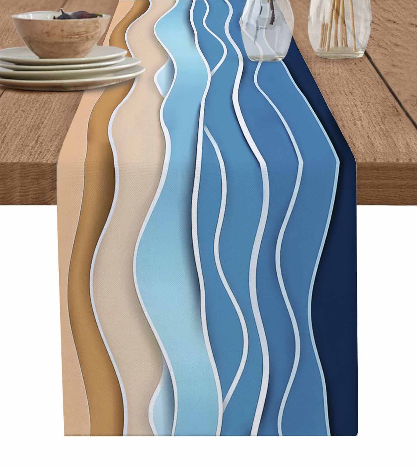 Blue Beige Ombre Table Runner 48 Inches, Moire Modern Geometric ...