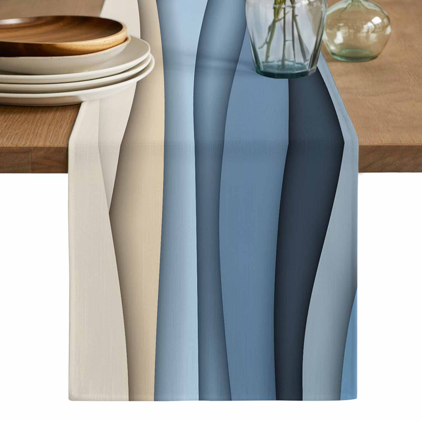 Blue Beige Ombre Table Runner, Geometric Abstract Modern Moire Washable ...