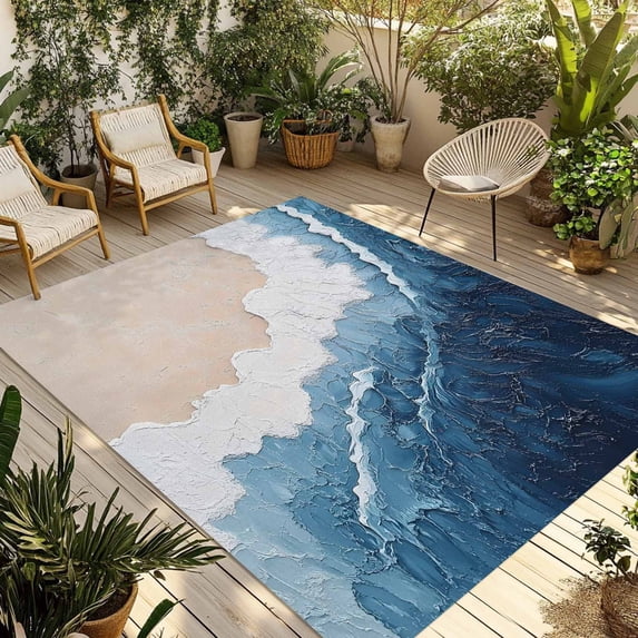 Blue Beige Outdoor Rug, Gradient Seaside Ocean Wave Sand Abstract Beach ...