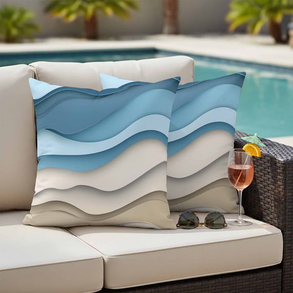 Blue Beige Outdoor Throw Pillow Covers Set of 2, Geometric Abstract ...