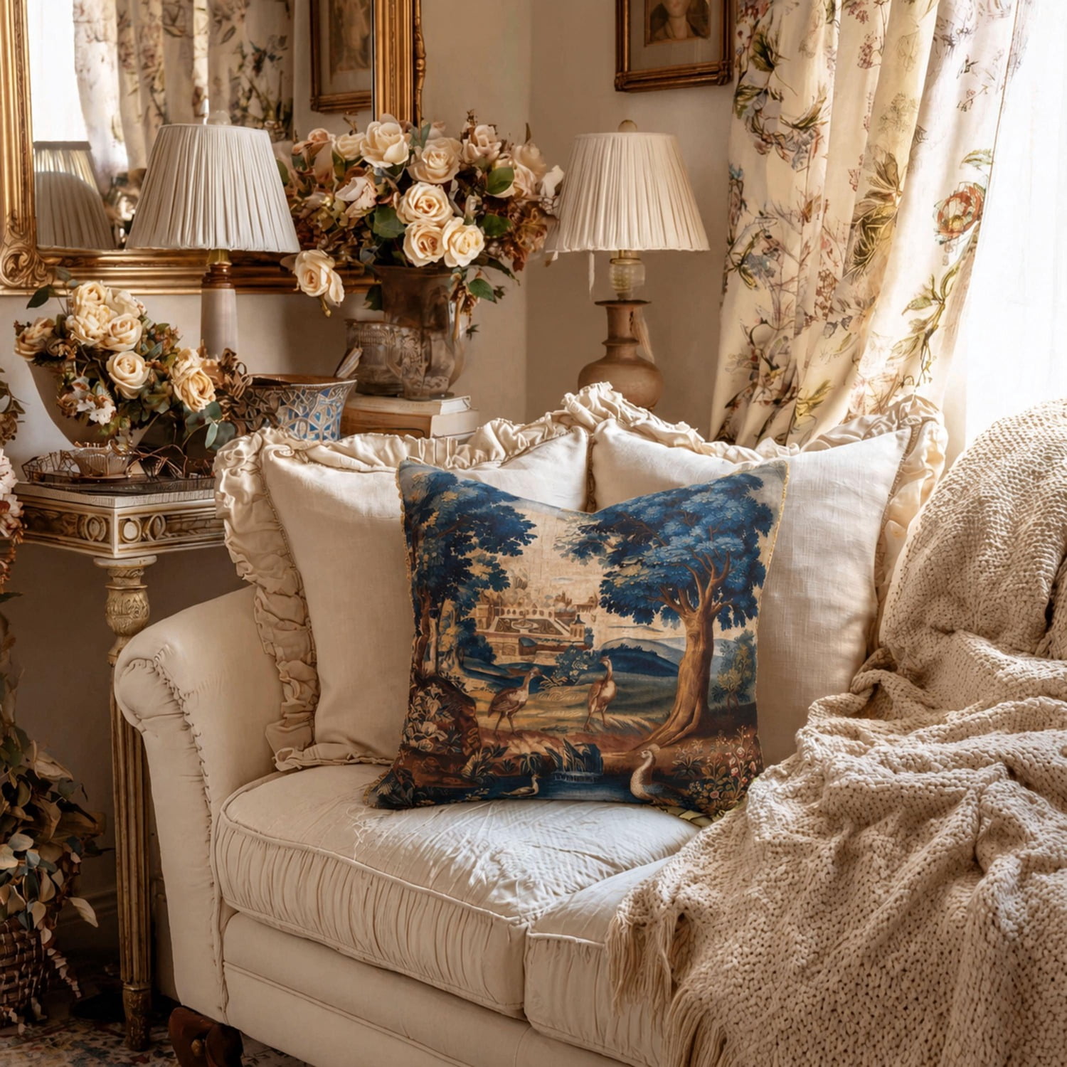 Blue Beige Pastoral Landscape with Deer Swans Polyester Velvet Throw ...