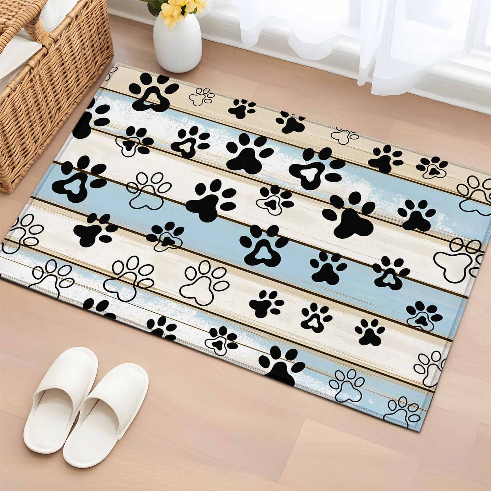 Blue Beige Paw Print Bathroom Rug Washable 2x3 Entryway Rug Non Slip ...