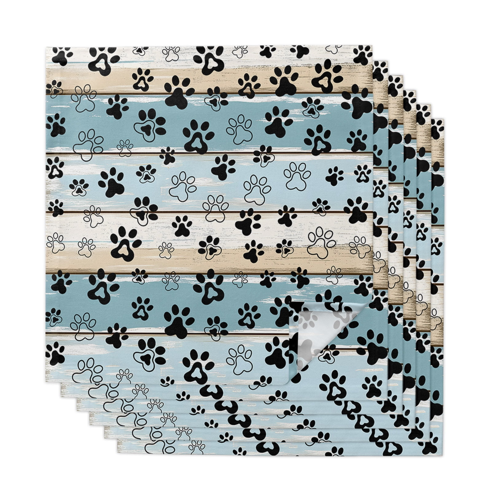 Blue Beige Paw Print Cloth Napkins, Vintage Farmhouse Country Wood ...