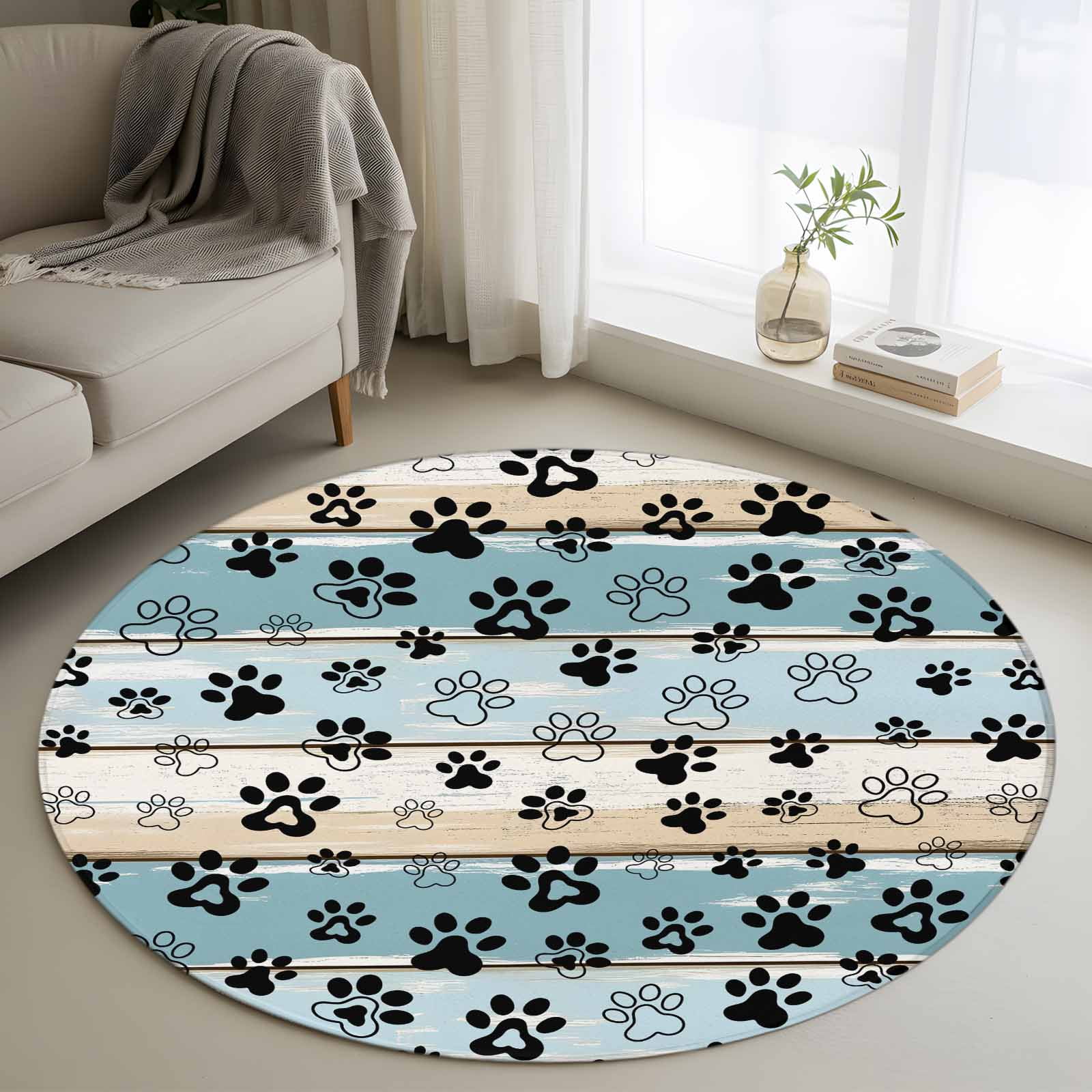 Blue Beige Paw Print Round Rug 4ft Washable Circle Entryway Rugs Non ...
