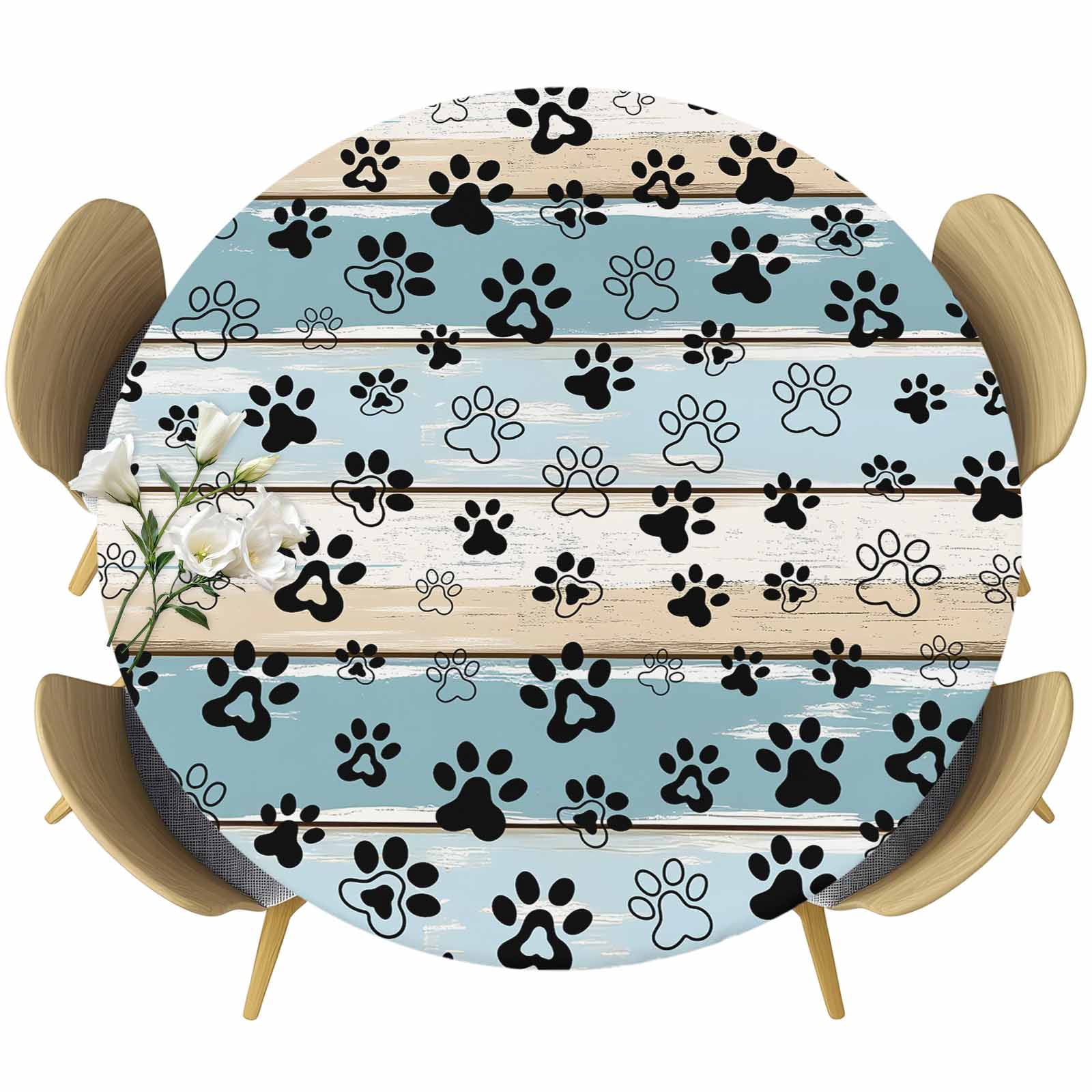 Blue Beige Paw Print Round Tablecloth 36-44 Inch Round Fitted Table ...
