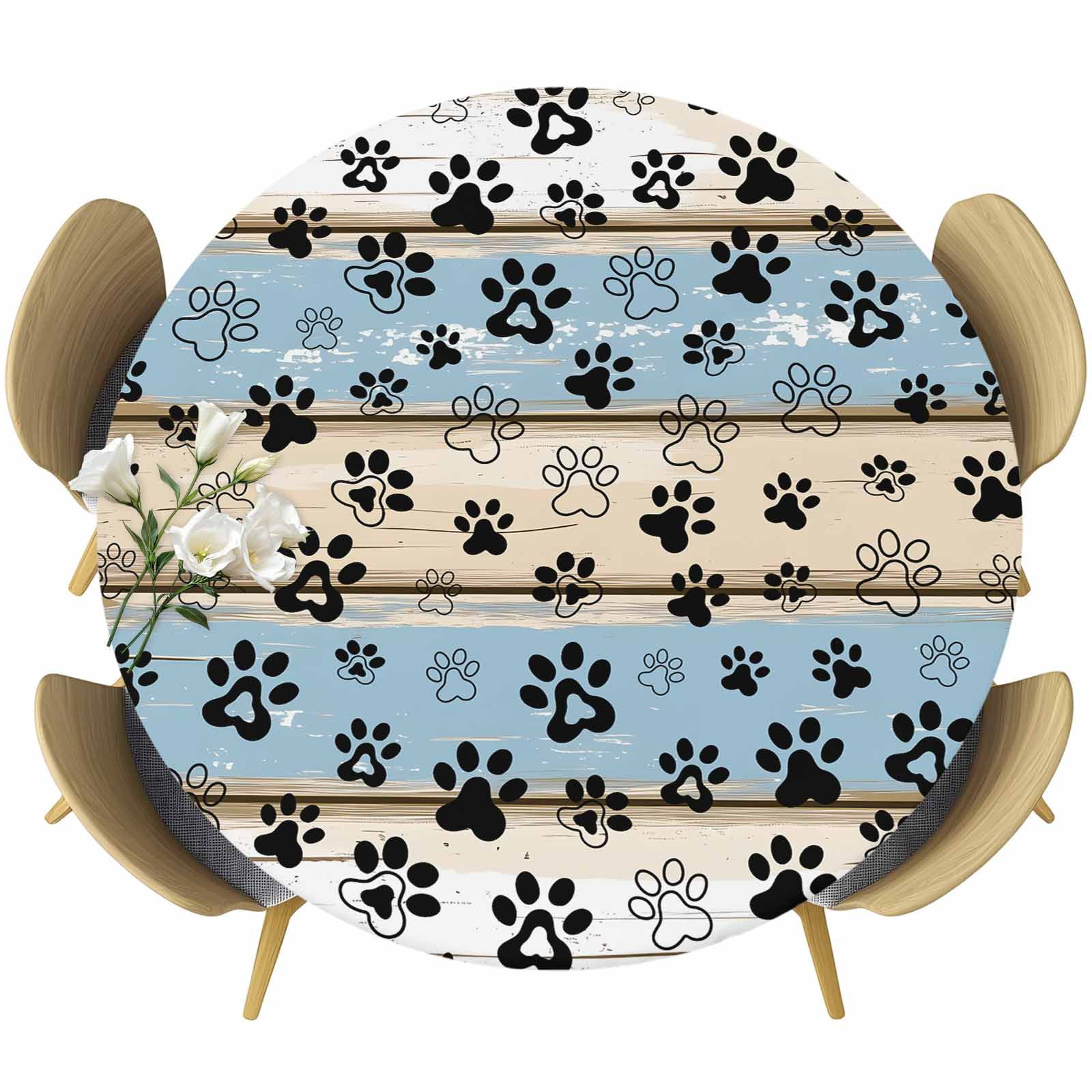 Blue Beige Paw Print Round Tablecloth 36-44 Inch Round Fitted Table ...