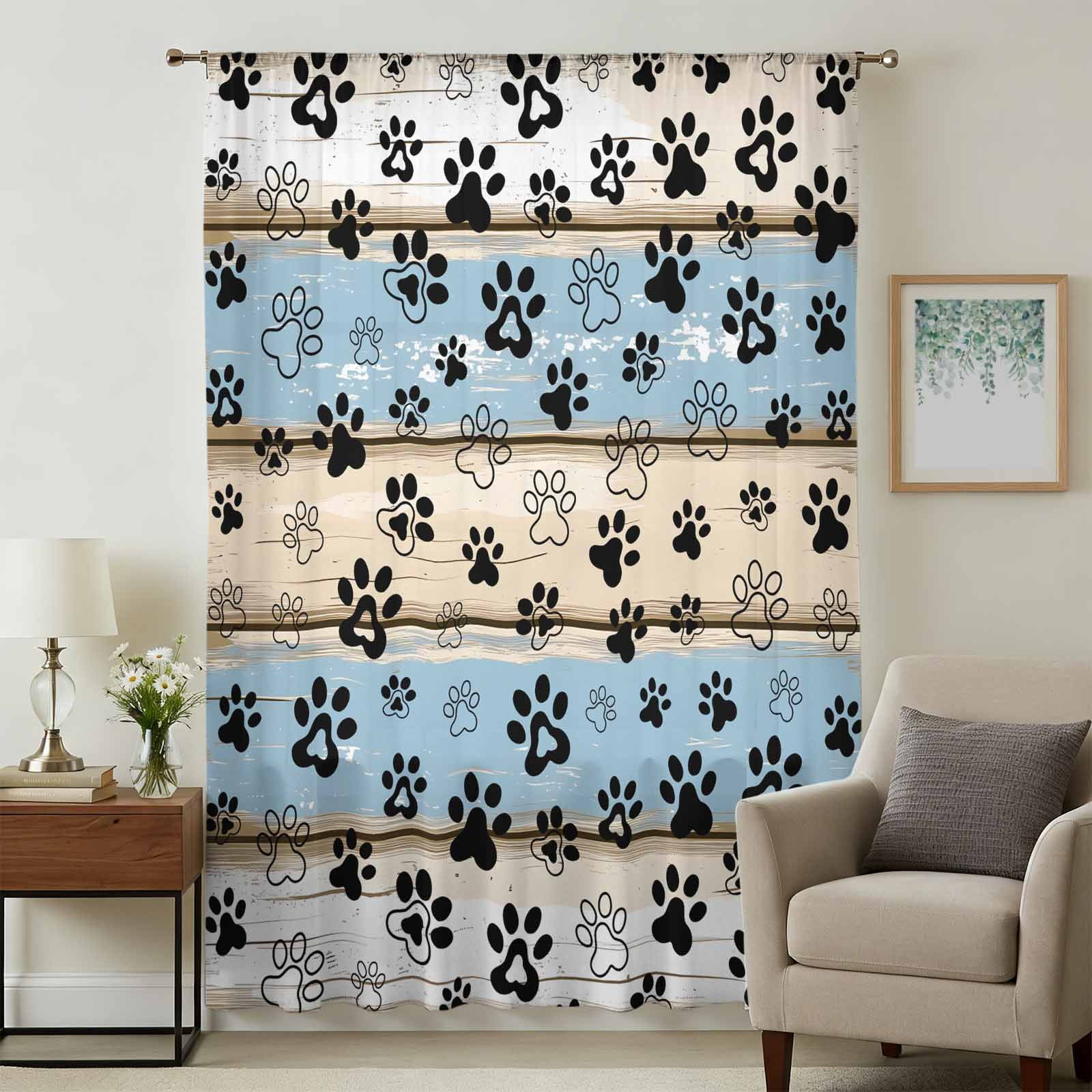 Blue Beige Paw Print Sheer Curtains 72 Inches Long, Vintage Farmhouse ...