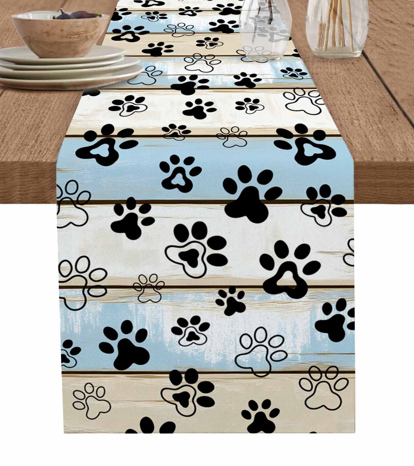 Blue Beige Paw Print Table Runner 72 Inches, Vintage Farmhouse Country ...