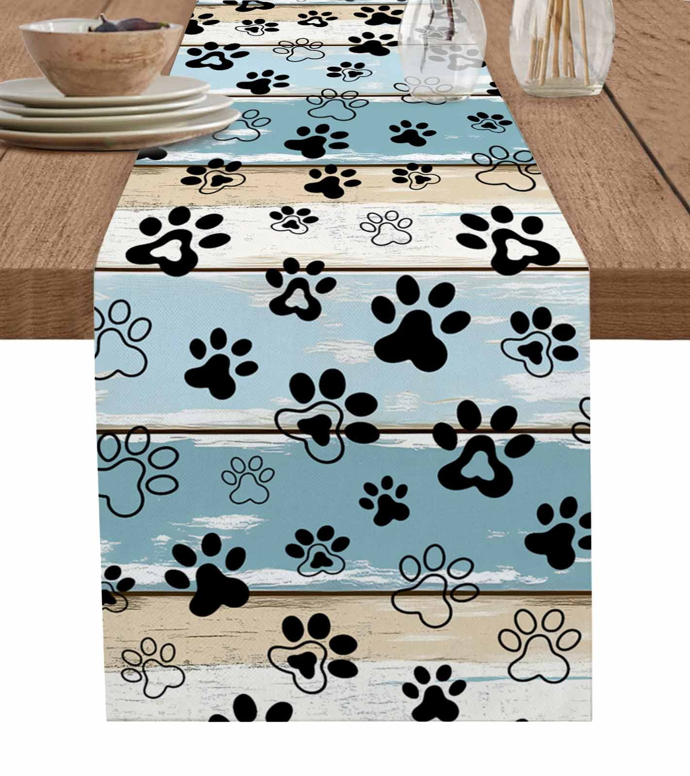 Blue Beige Paw Print Table Runner 90 Inches, Vintage Farmhouse Country ...