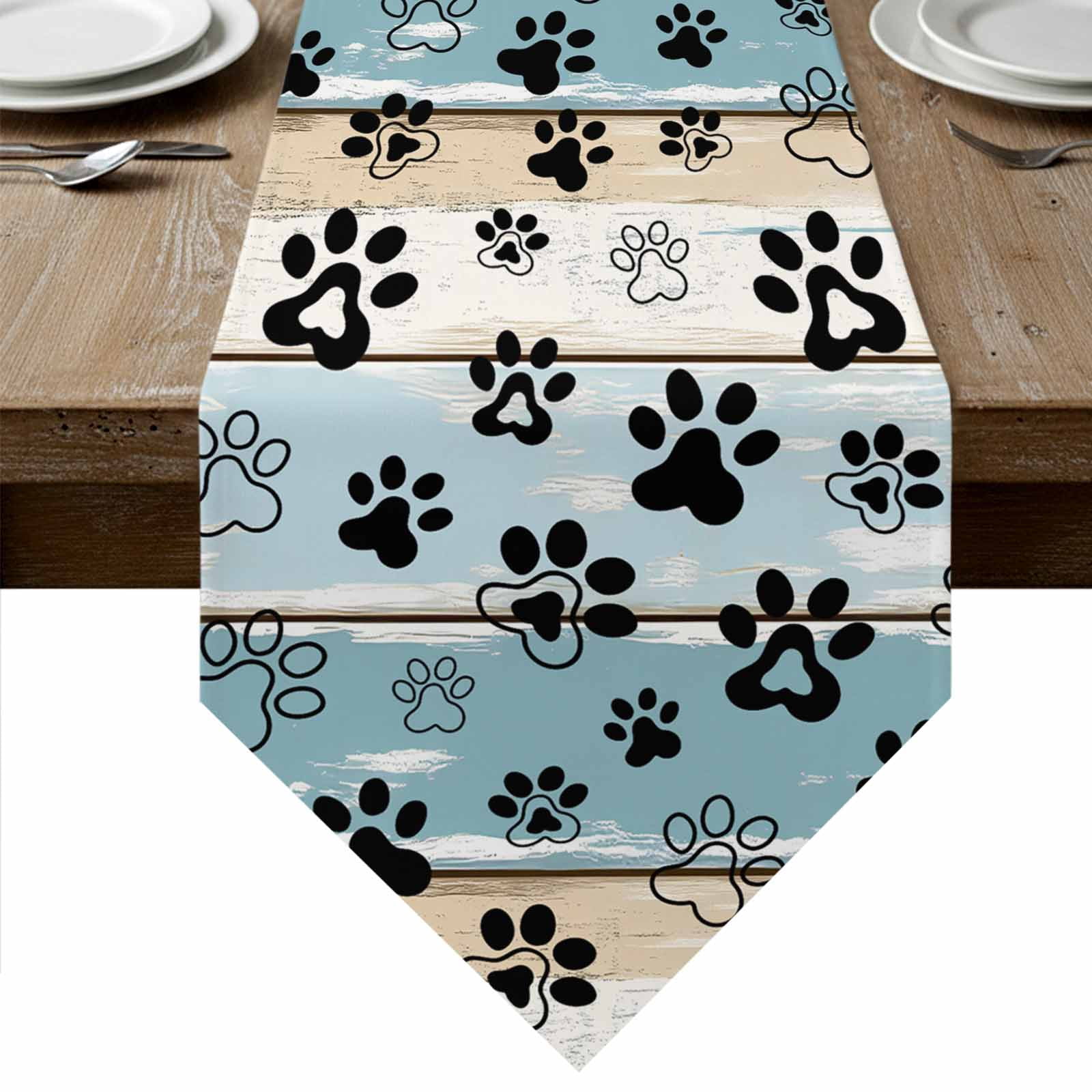 Blue Beige Paw Print Table Runner Linen Burlap Table Runner 72 Inches ...