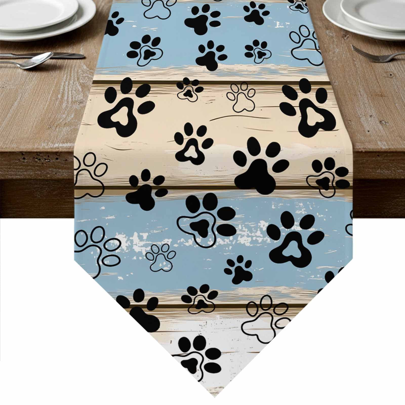 Blue Beige Paw Print Table Runner Linen Burlap Table Runner 72 Inches ...