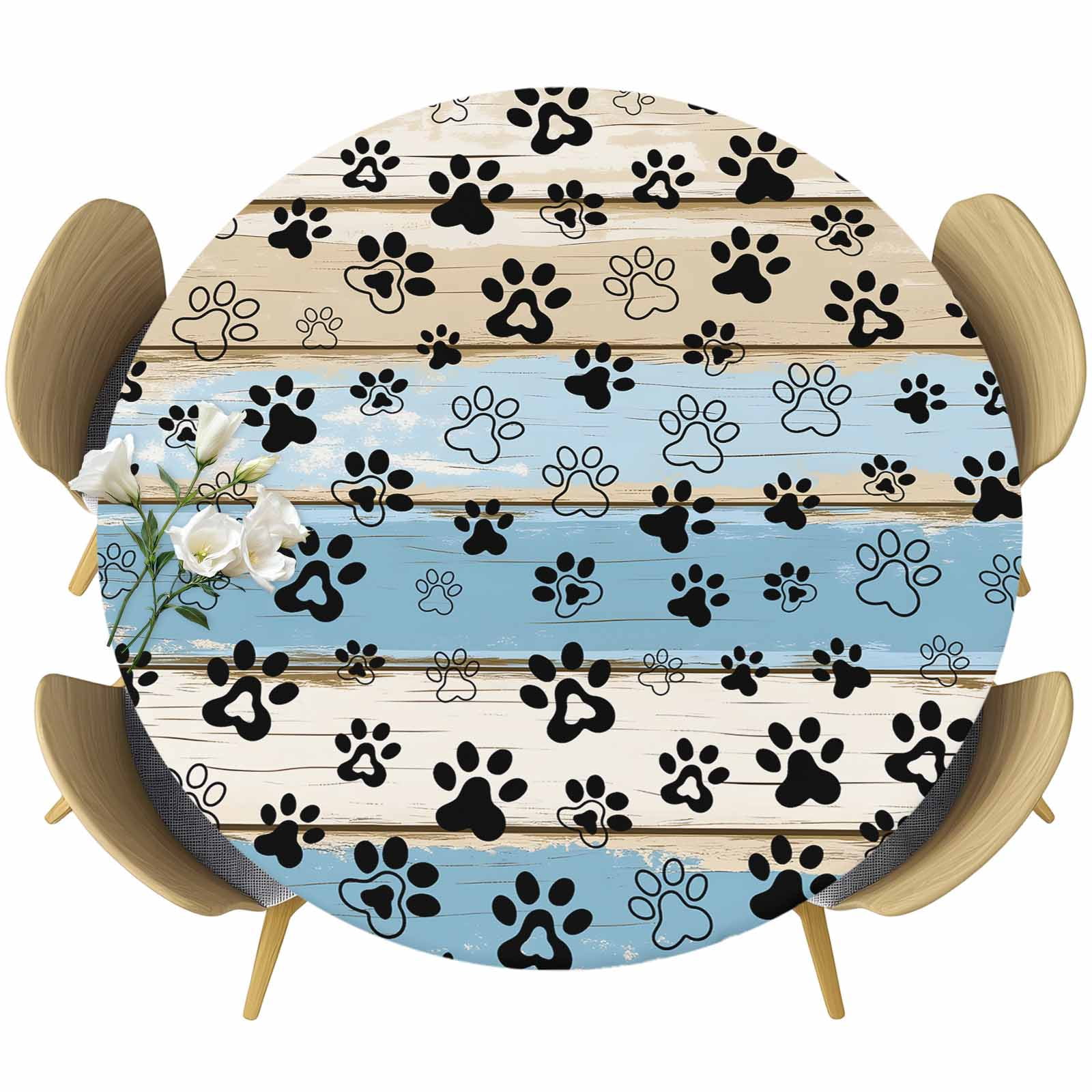 Blue Beige Paw Prints Round Tablecloth 45-54 Inch Round Fitted Table ...