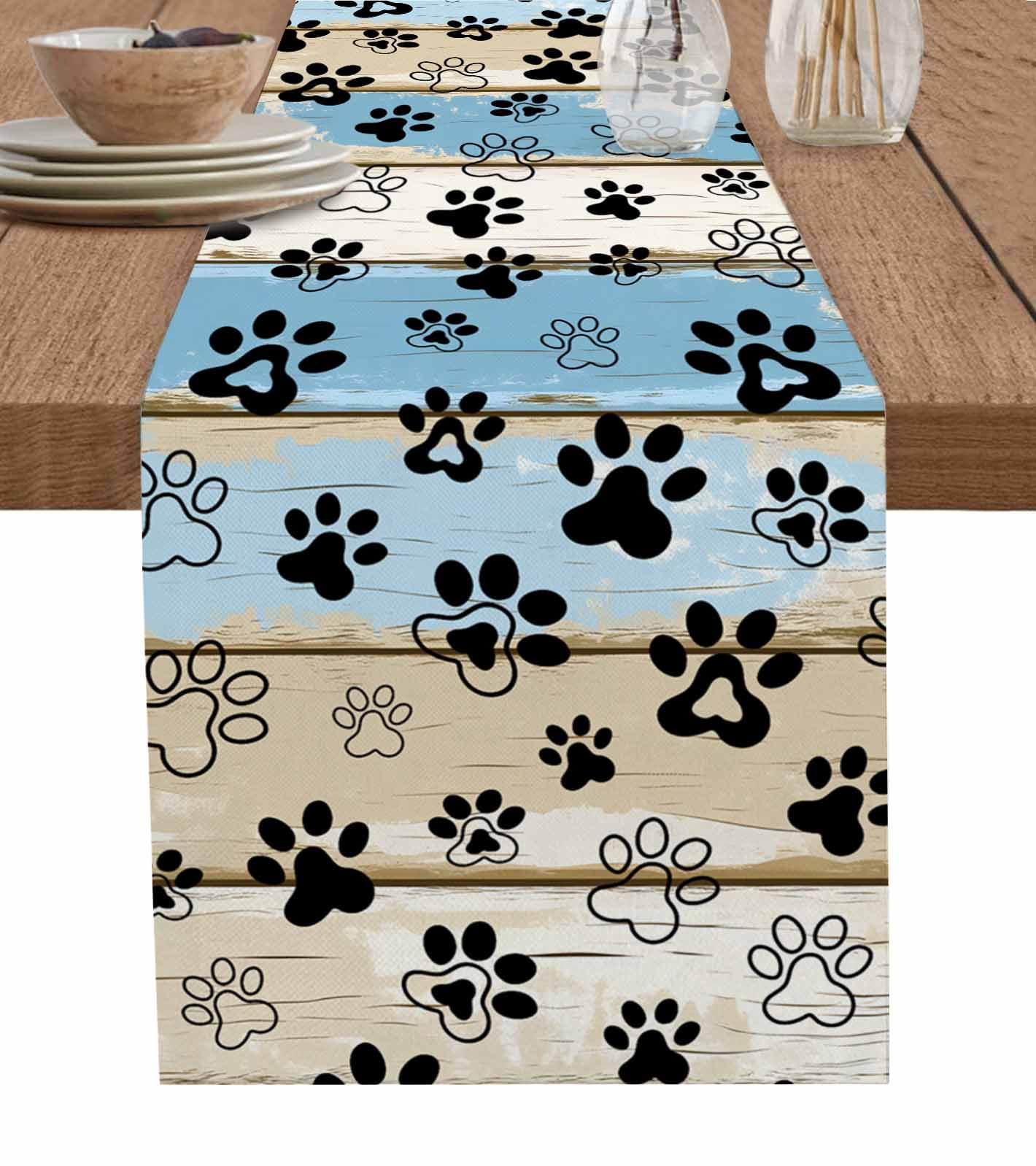 Blue Beige Paw Prints Table Runner 36 Inches, Vintage Farmhouse Rustic ...