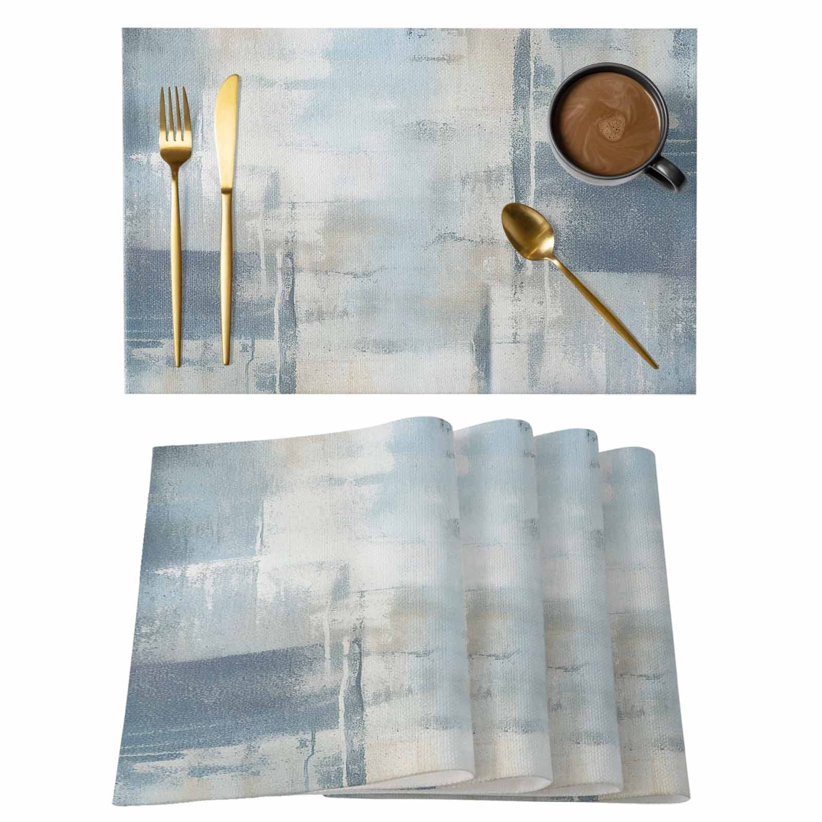 Blue Beige Placemats Set of 8, Cotton Linen Fabric Place Mats, Oil ...