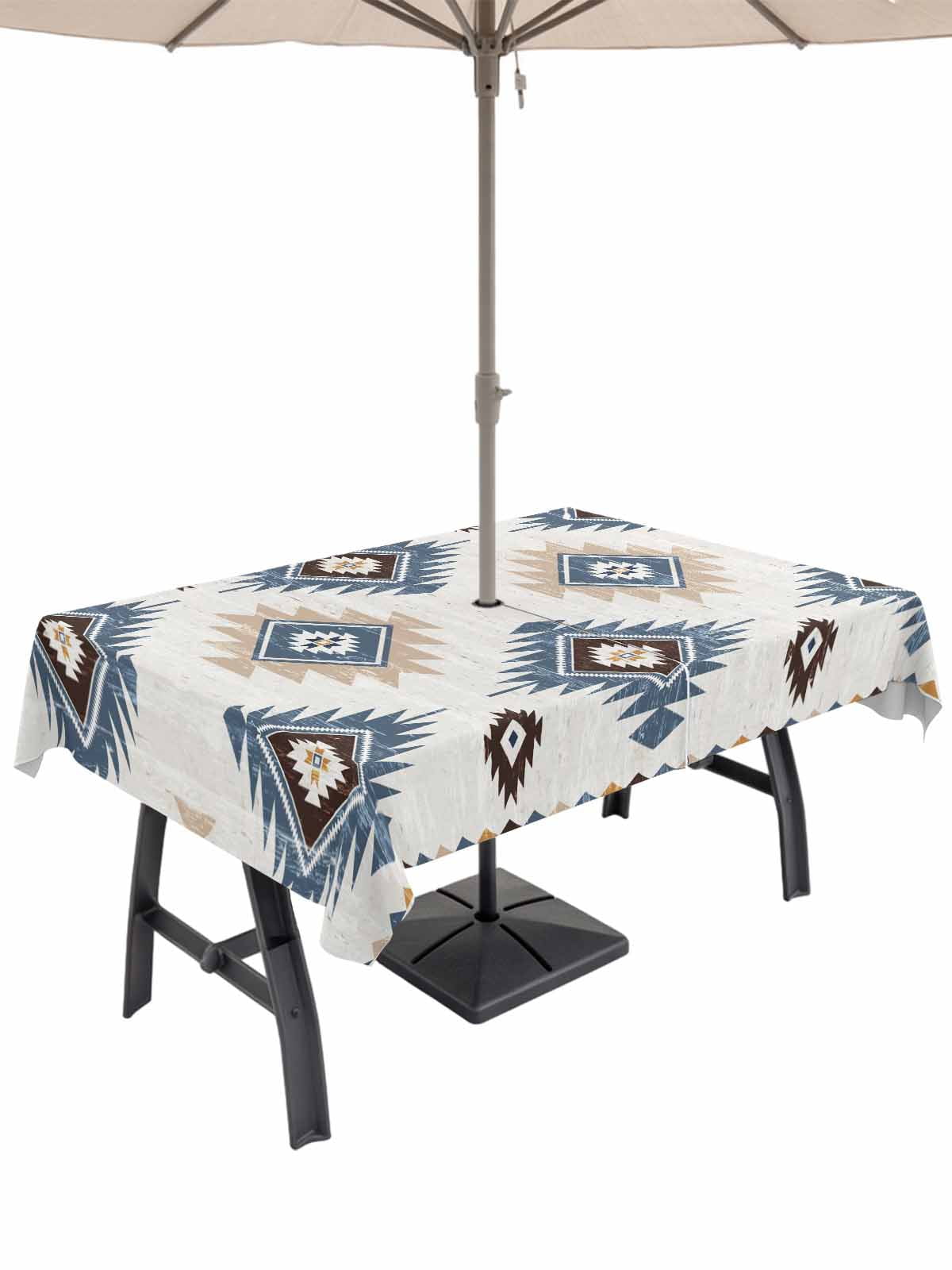 Blue Beige Rectangle Outdoor Tablecloth with Umbrella Hole Aztec Ethnic ...