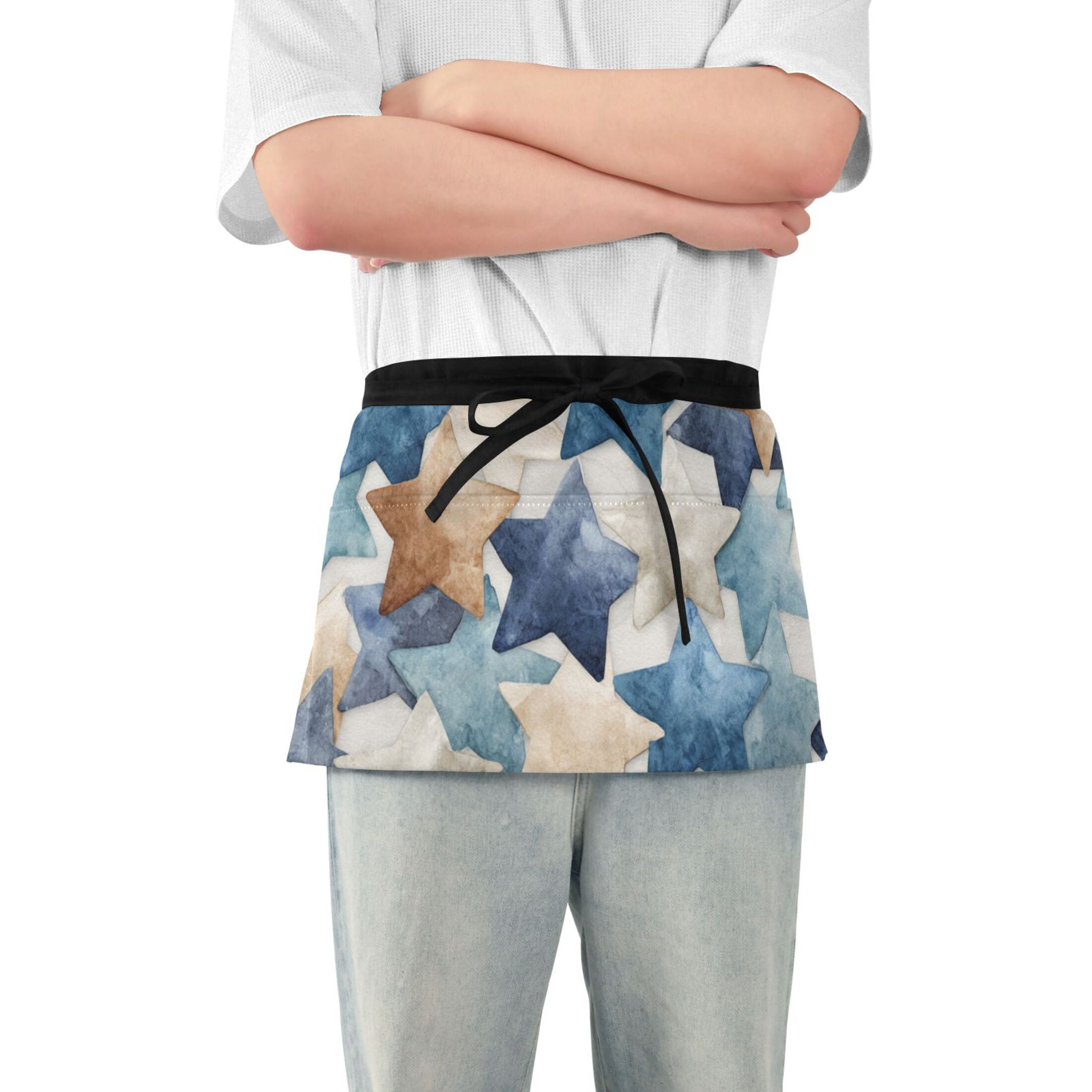 Blue Beige Retro Stars Short Server Apron with 3 Pockets for Unisex ...
