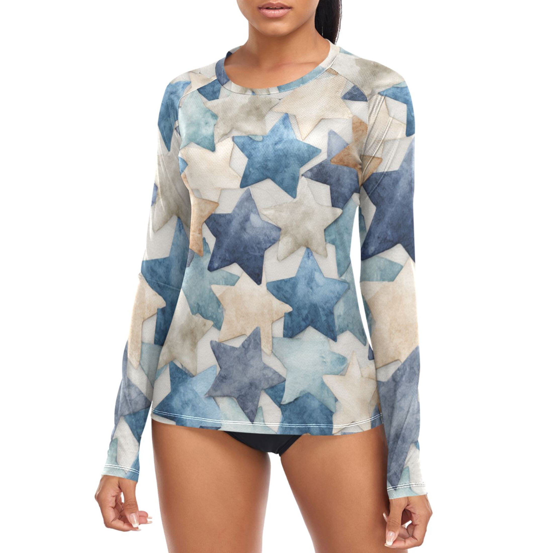 Blue Beige Retro Stars Women's Rash Guard Shirts UPF 50+ Sun Protection ...