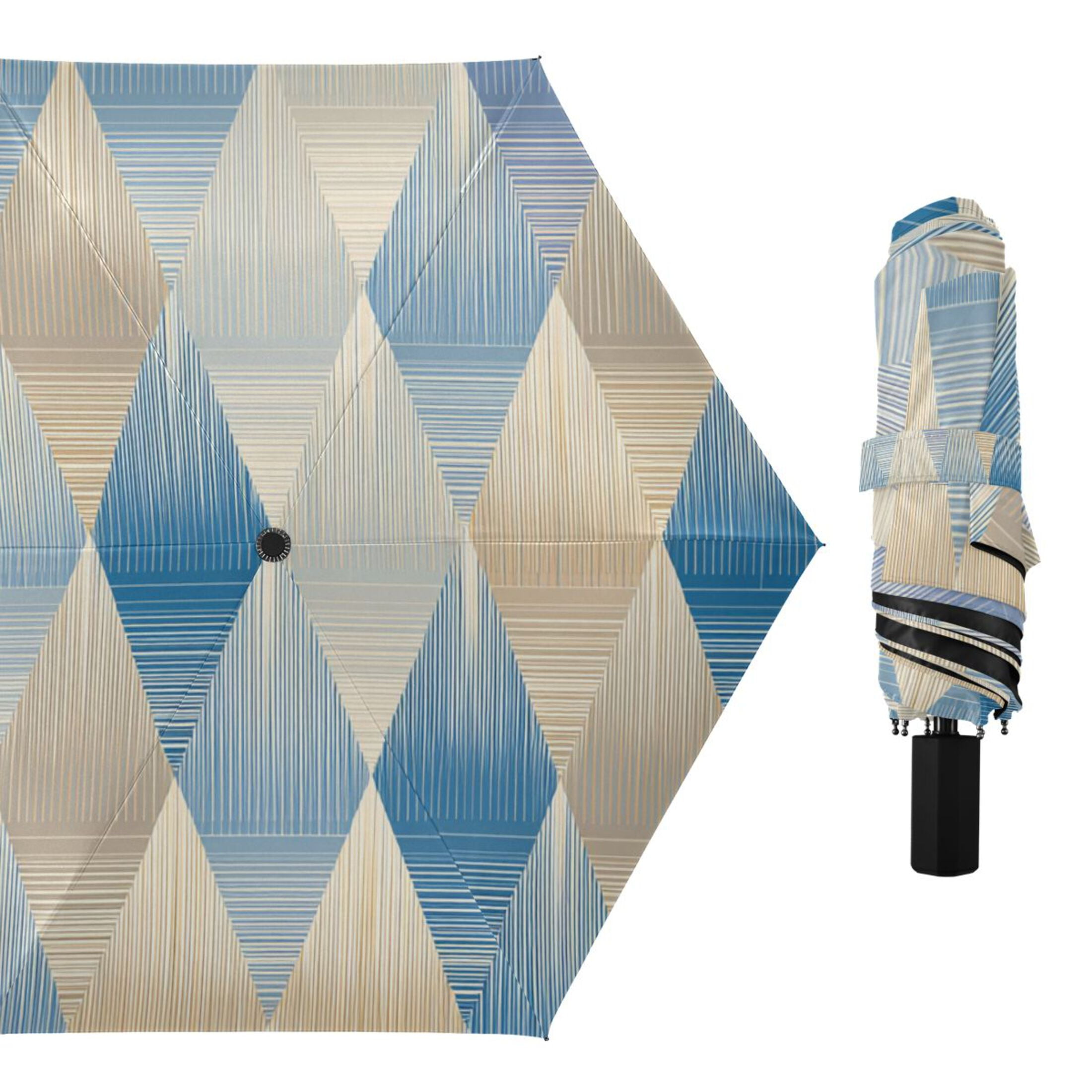 Blue Beige Rhombus Patterns All Weather Umbrella Triple Folding Parasol ...