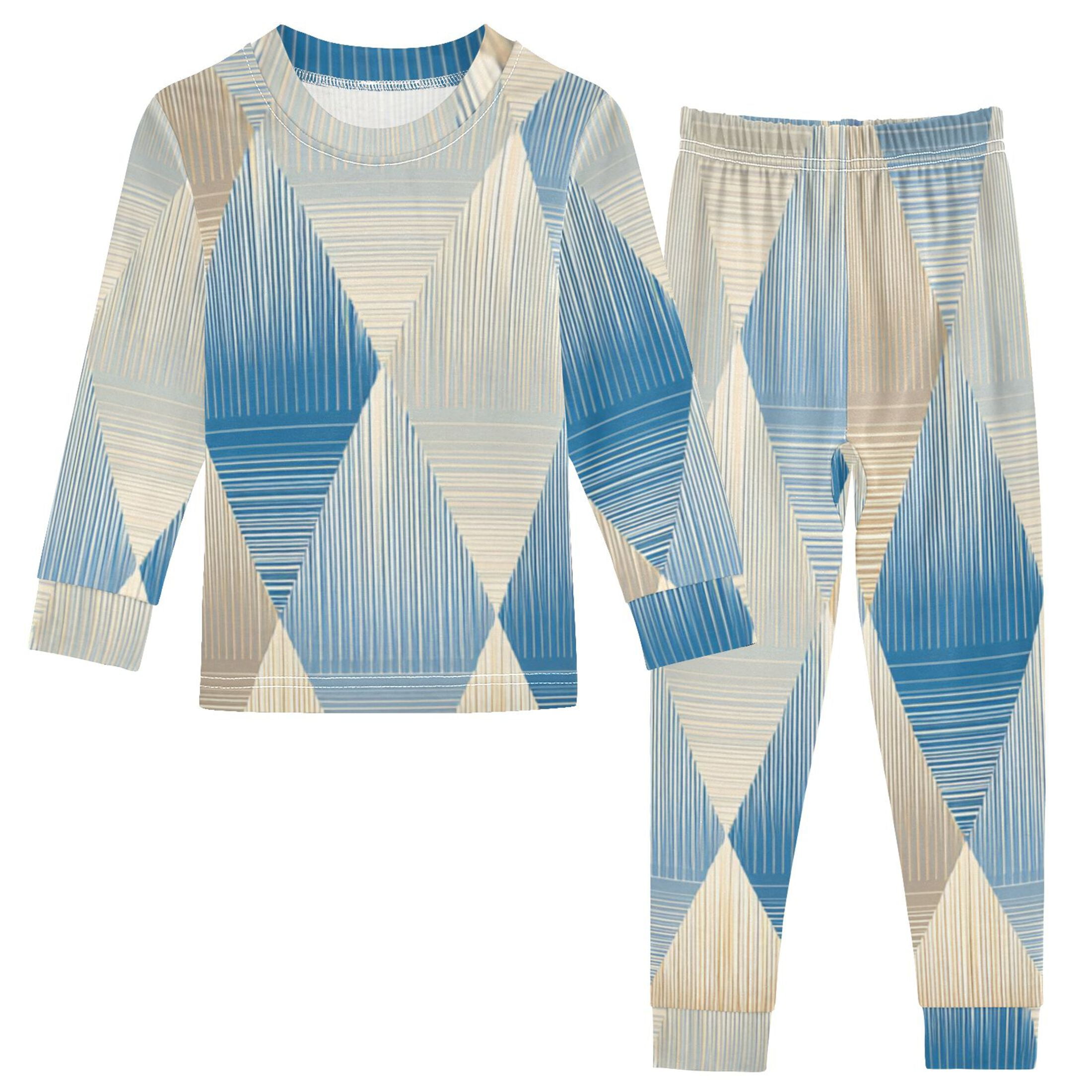 Blue Beige Rhombus Patterns Cotton Pajama Set Long Sleeve Top and Pants ...