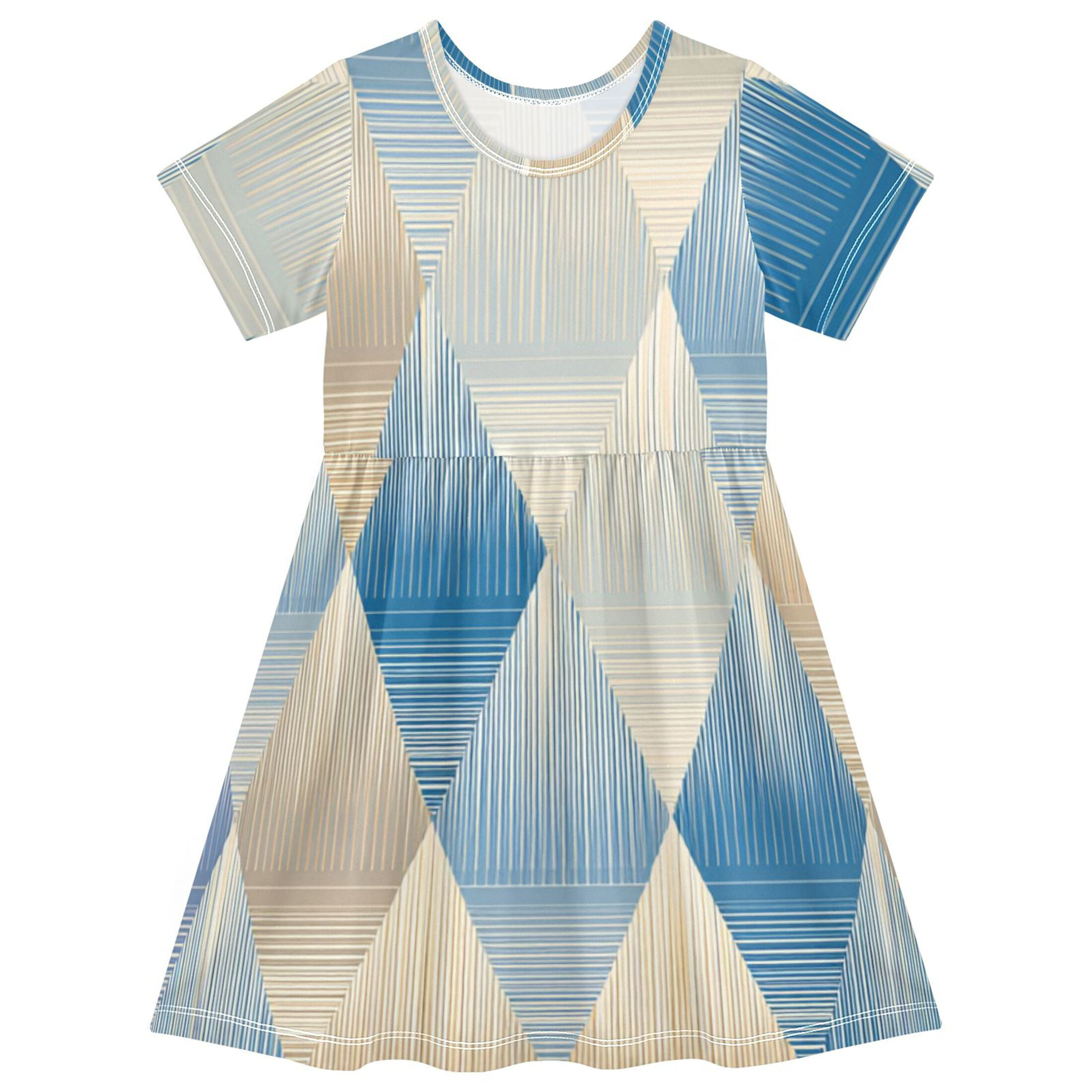 Blue Beige Rhombus Patterns Girls' Short Sleeve Dress A-Line One-Piece ...