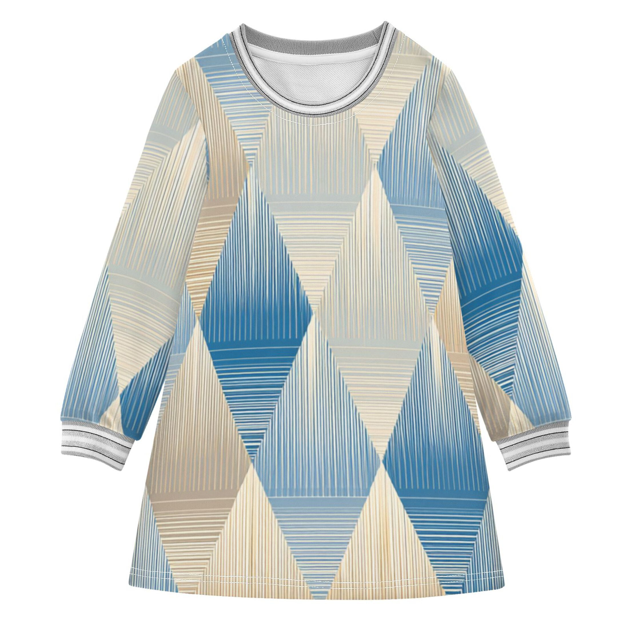 Blue Beige Rhombus Patterns Long-sleeved Dress A-line One-Piece Dress ...