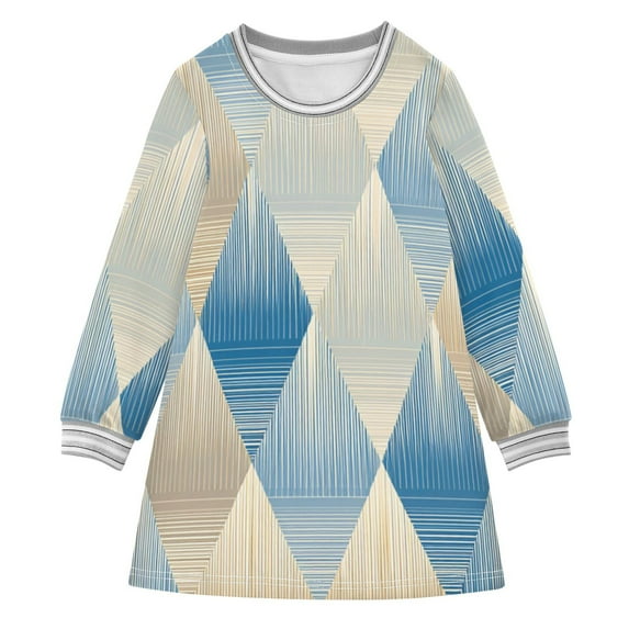 Blue Beige Rhombus Patterns Long-sleeved Dress A-line One-Piece Dress ...