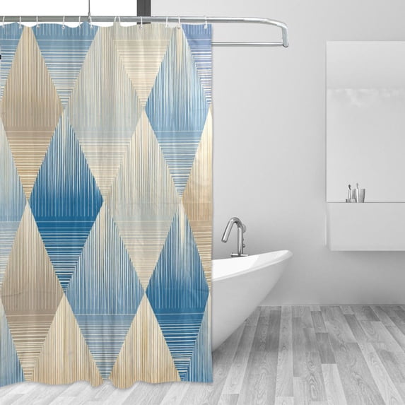 Blue Beige Rhombus Patterns Shower Curtains with 12 Hooks Waterproof ...