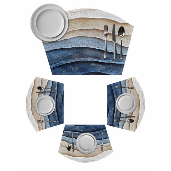 Blue Beige Round Table Placemats Set of 4 Wedge Placemats, Coastal Wave ...
