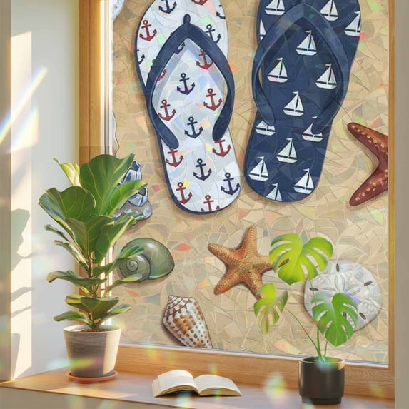 Blue Beige Seaside Window Privacy Film Rainbow Static Cling Stain Glass ...