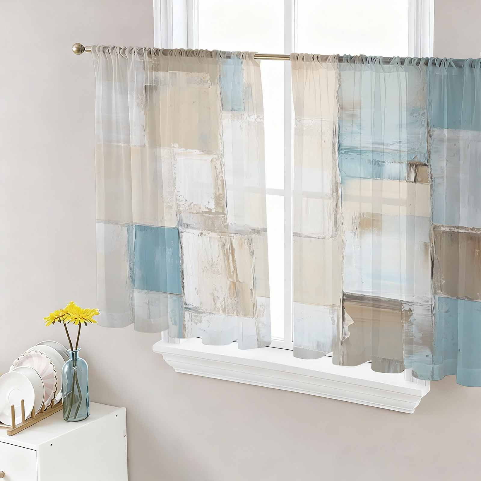 Blue Beige Semi Sheer Curtains 45 Inch Length 2 Panels Set, Modern ...