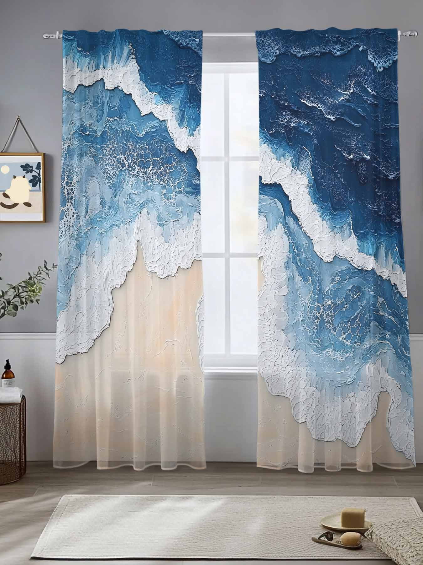 Blue Beige Sheer Curtains 96 Inches Long 2 Panels Gradient Ocean ...