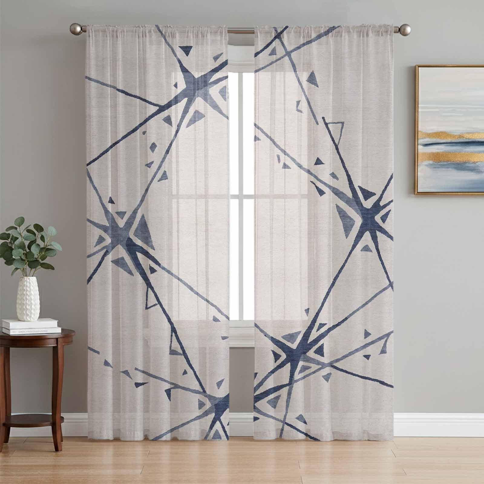 Blue Beige Sheer Curtains for Living Room Bedroom Modern Geometric ...