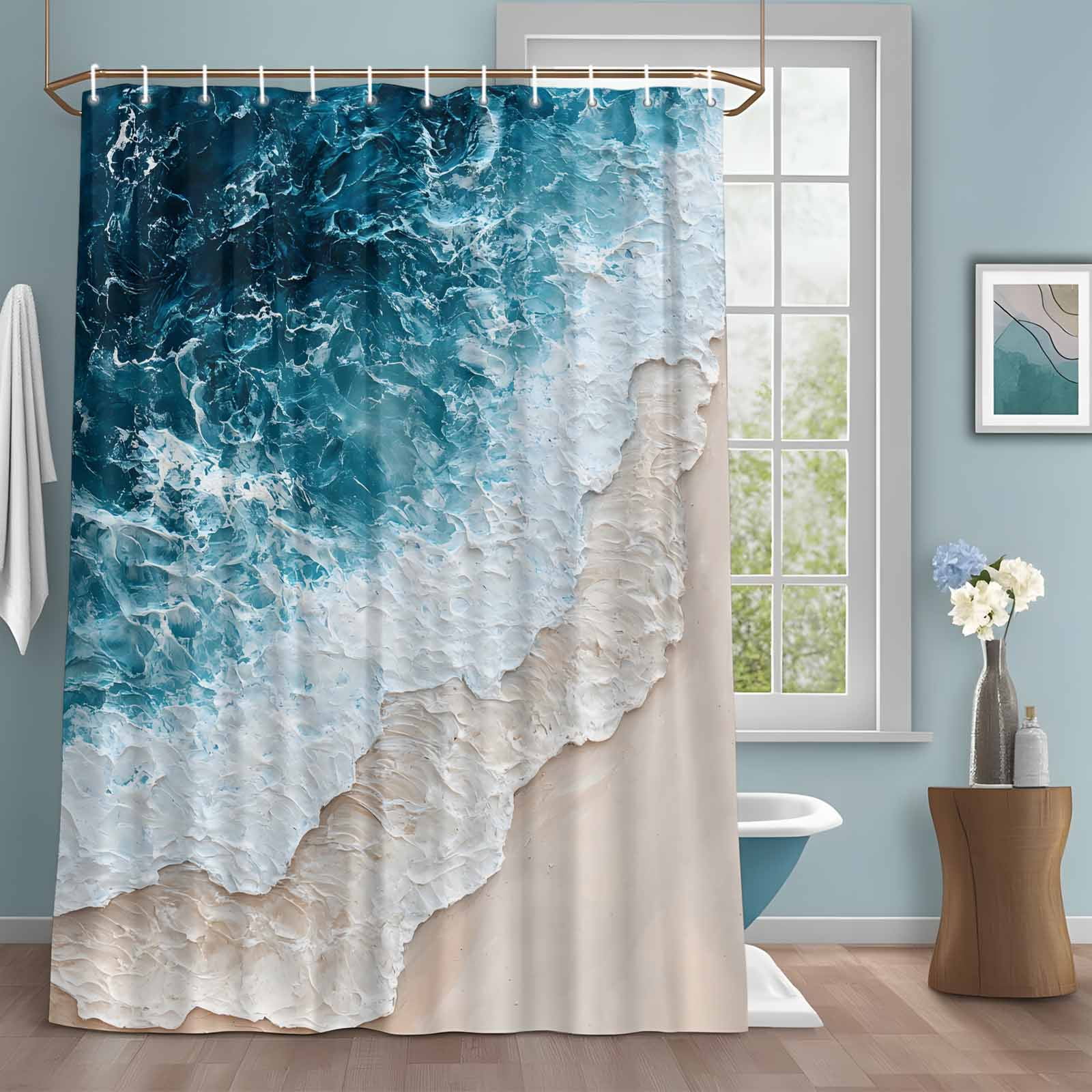 Blue Beige Shower Curtains for Bathroom, Gradient Ocean Wave Beach ...