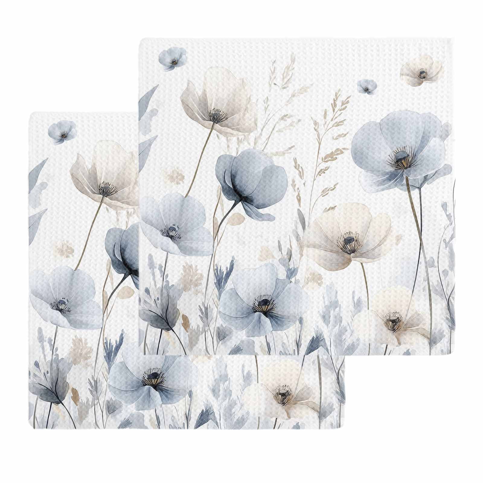 Blue Beige Spring Floral Kitchen Dish Towels for Drying Dishes Set of 2 ...
