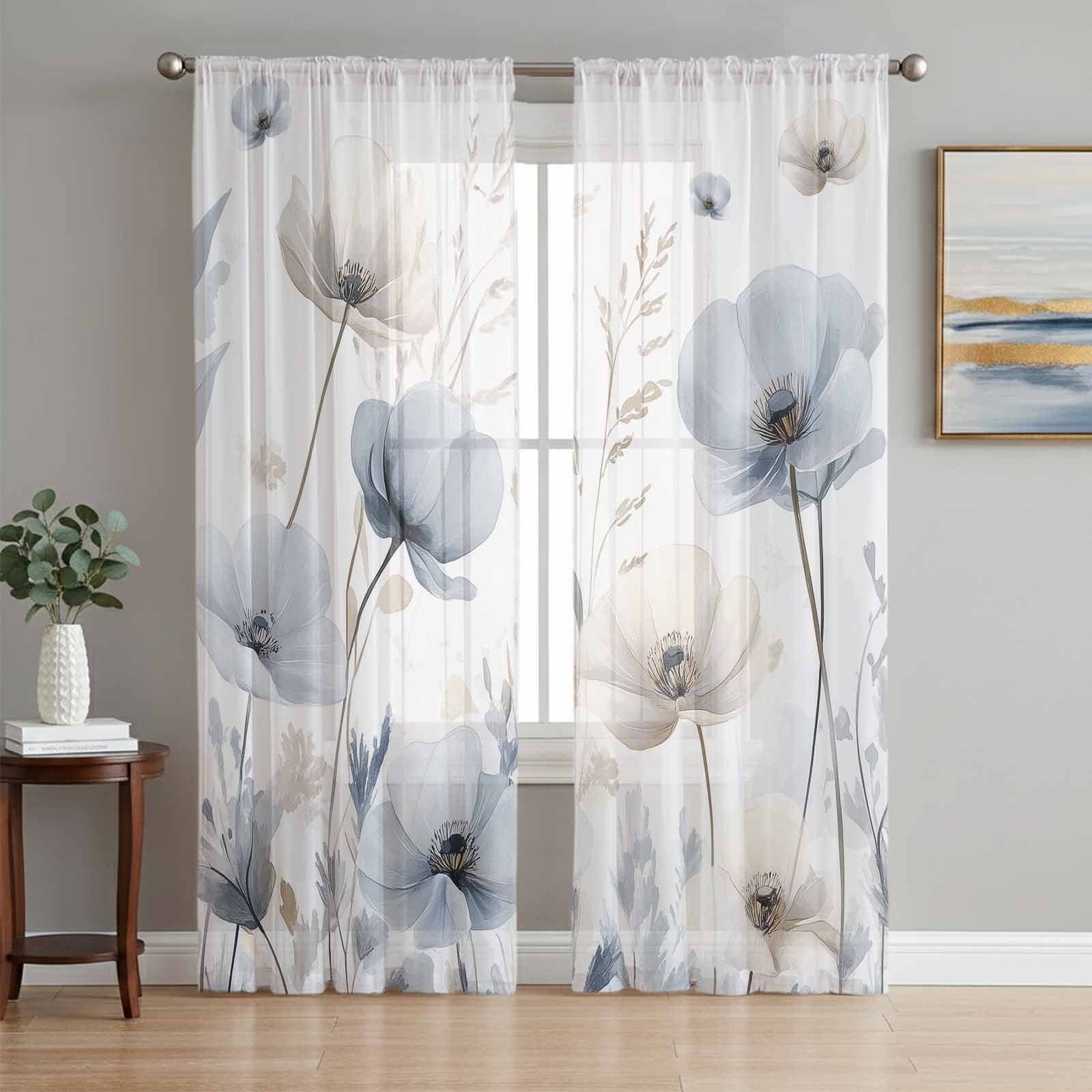 Blue Beige Spring Floral Sheer Curtains 72 Inch Length 2 Panels, Summer ...