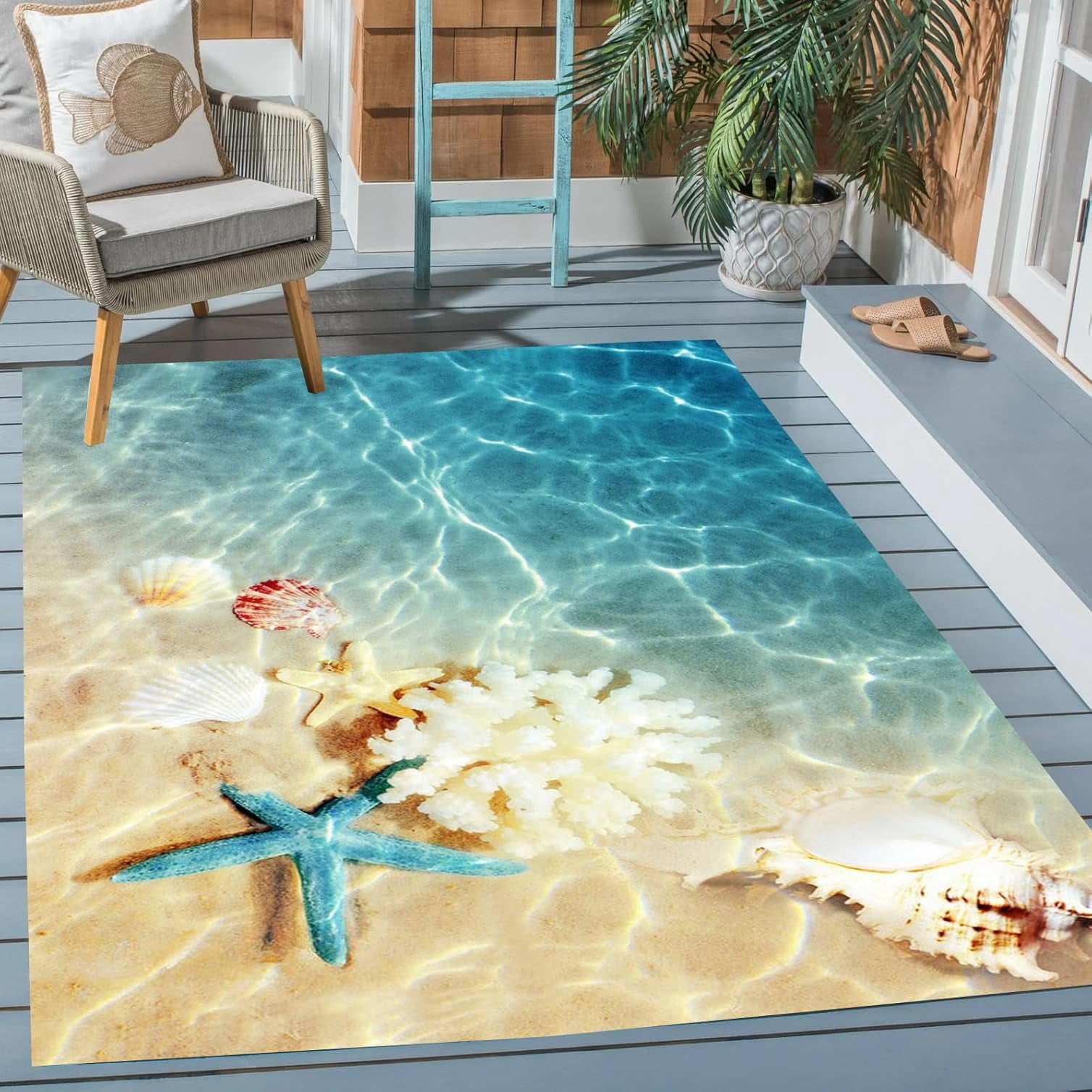 Blue Beige Star Fish and Shell Ocean Theme Outdoor Area Rug 5'x6' No ...