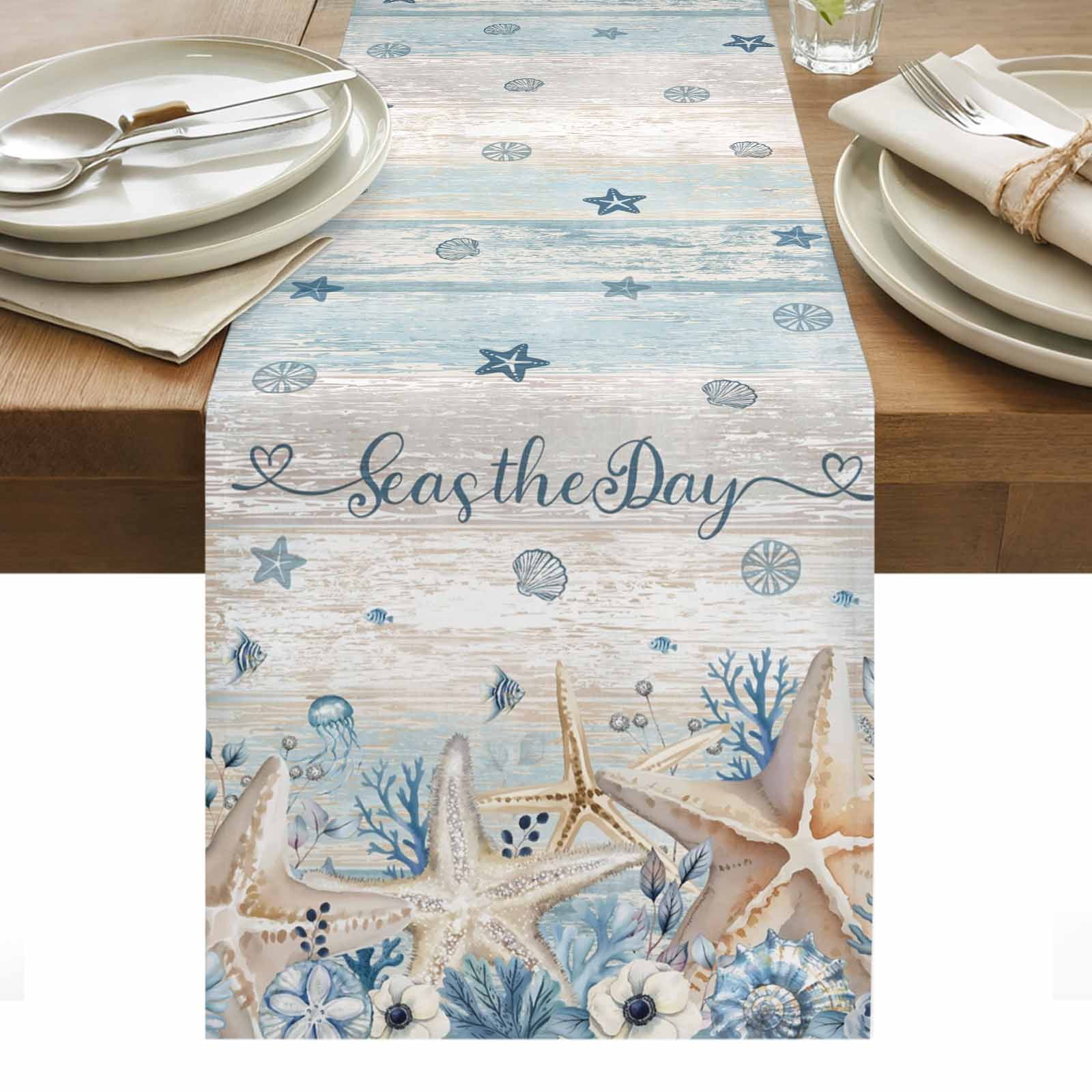 Blue Beige Starfish Coastal Table Runner Nautical Summer Beach Ocean ...