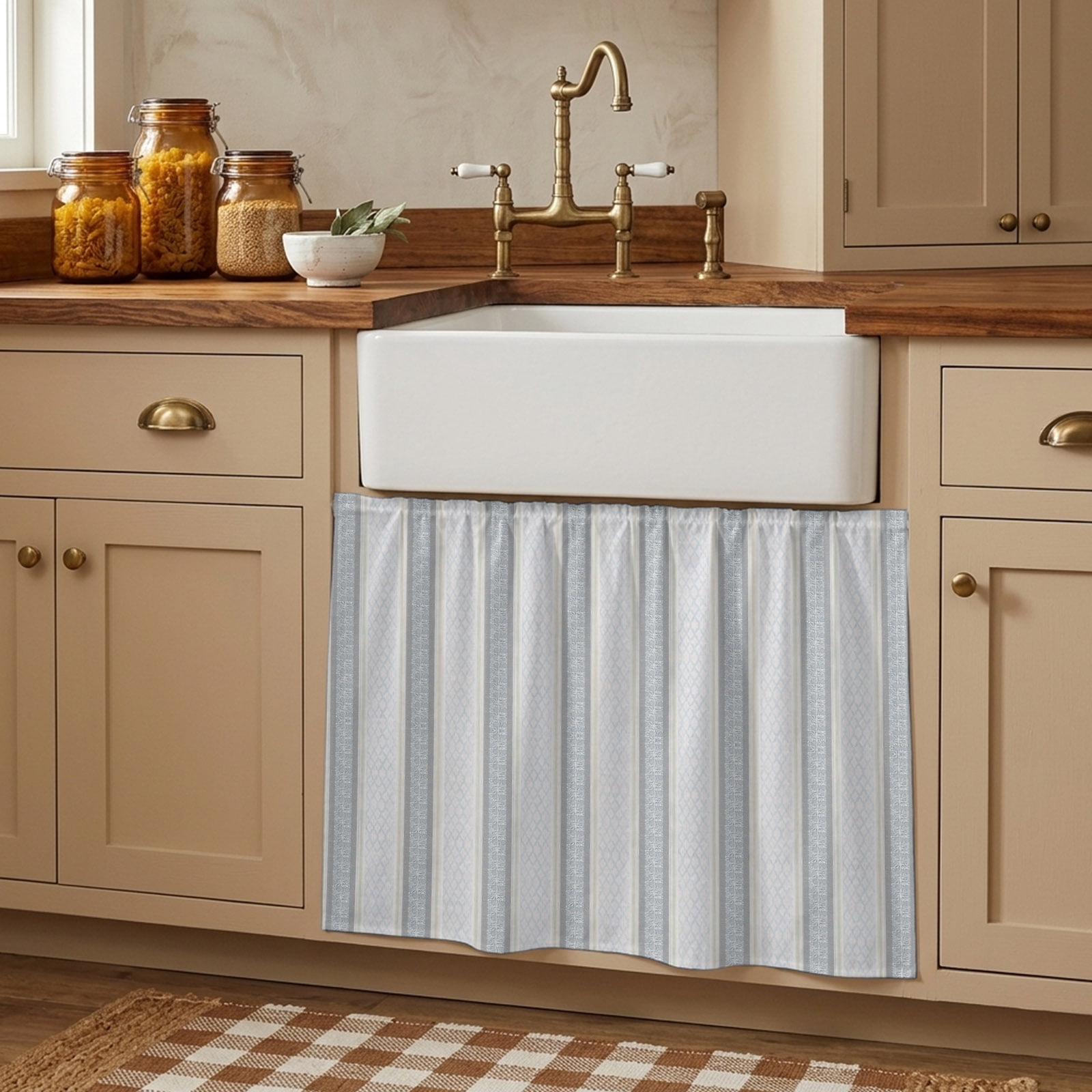 Blue Beige Striped Cabinet Curtains 27.6"W x 35.4"L, Boho Ethnic Modern ...