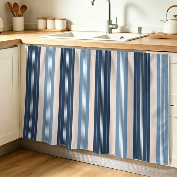 Blue Beige Striped Cabinet Curtains for Shelves, Modern Stripes Art ...