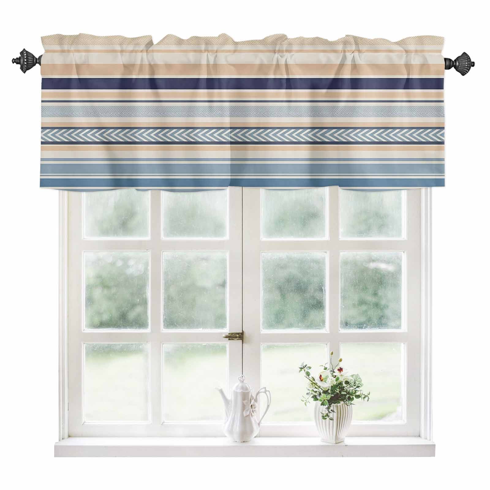 Blue Beige Striped Kitchen Valances for Windows 42x18 Inch Kitchen ...