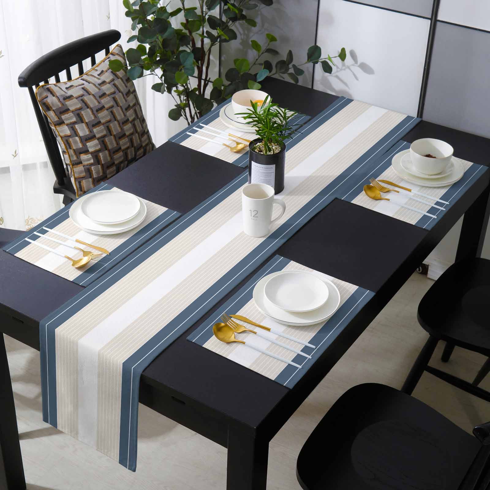 Blue Beige Striped Placemats Set of 6 with 70 Inches Long Table Runners ...