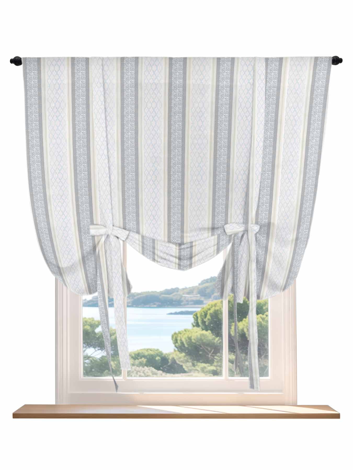 Blue Beige Striped Tie Up Curtains for Windows 45 Inch Length Balloon ...