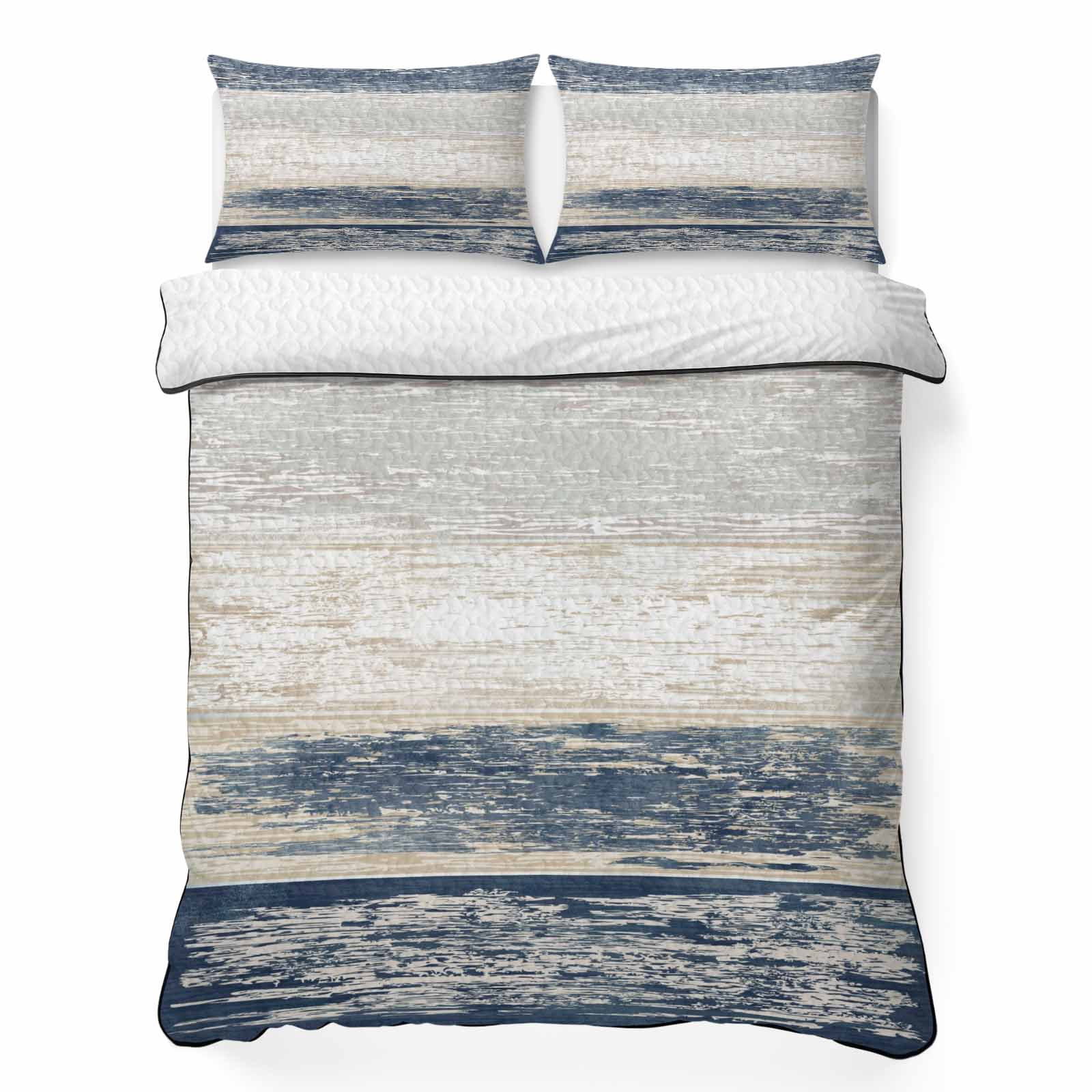 Blue Beige Stripes 3 Piece Quilt Bedding Set with 2 Pillow Shams ...
